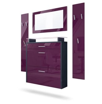 Vladon Garderobe Malea, Garderobenset bestehend aus 1 Hängeschuhschrank, 1 Wandspiegel und 2 Garderobenpaneele, Anthrazit matt/Brombeer Hochglanz, inkl. LED-