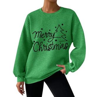 Generic Sweat-shirt de No&euml;l amusant pour femme - Pull de No&euml;l imprim&eacute; &agrave; carreaux - Col rond - Sweat-shirt blanchi pour femme, Vert, S