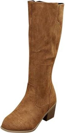Generic Bottes montantes d&eacute;contract&eacute;es en faux daim pour femme - &Eacute;l&eacute;gantes - Style r&eacute;tro - Couleur unie - Talon &eacute;pais - Fermeture &eacute;clair lat&eacute;rale - Confortabl