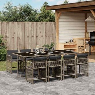 vidaXL 9-tlg. Garten-Essgruppe mit Kissen Grau Poly Rattan - Vidaxl
