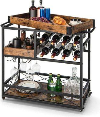 Costway Desserte de Cuisine avec Plateau Supérieur Amovible, Chariot de Bar à roulettes avec Casier à Bouteilles et Porte-Verre, Style Industriel, 80