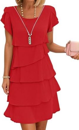 Minetom Femme Robe De Soiree Fête Mousseline Dress De Ceremonie Mariage Cocktail Tulle Manches Courtes Volantées Demoiselle dhonneur A Rouge 3XL