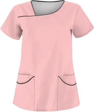 Generic Blouse Estheticienne Professionnelle,Chemisiers Et Blouses Femme T-Shirts à Manches Courtes Femme Col V Tenue Infirmiere avec Poches Hauts De Couleur 