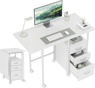 HOMCOM Klappbarer Computertisch auf Rollen, Schreibtisch mit Stauraum, 3 Schubladen, ausziehbare Platte, Stahlrahmen, 105x51x75,5cm, für Telearbeit, Schlafzi