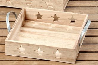 Boltze Tablett Dekotablett mit Sterne Holz Natur 25 x 25 x 9 cm