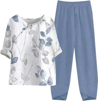 Generic Tenues deux pi&egrave;ces pour femme, haut &agrave; manches mi-longues avec pantalon &agrave; taille &eacute;lastique, ensembles d&eacute;t&eacute; assortis, bleu, 3XL