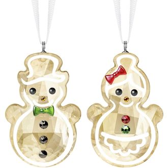 Swarovski Lebkuchen Schneemannp&auml;rchen Ornament, Zwei Goldfarbene, Detailverliebte Swarovski Kristalle im Schneemann- und Schneefrau-Design