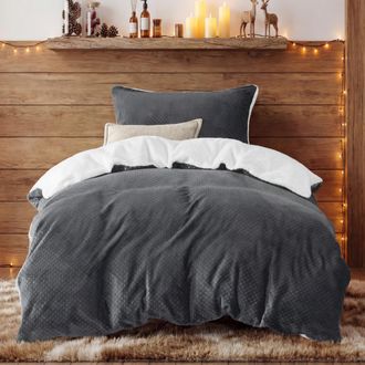 Bedsure Flauschige Bettw&auml;sche 135x200 Grau - Winter Bettbezug Fleece mit 80x80 cm Kissenbezug, Warme Bettw&auml;sche-Sets mit Rei&szlig;verschluss, Kuschel Waffelpique W