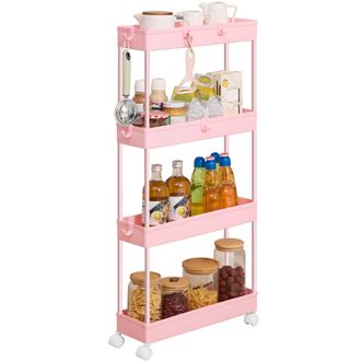 Songmics Rollwagen, K&uuml;chenwagen mit 4 Ebenen, K&uuml;chenregal, Nischenregal, mit 6 Haken, 360&deg; drehbare R&auml;der, Stahlgestell, Bad, K&uuml;che, B&uuml;ro, pastellrosa KSC008R0