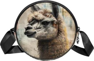 Generic Sac &agrave; bandouli&egrave;re rond pour femme, motif alpaga vintage, petit sac &agrave; bandouli&egrave;re avec fermeture &eacute;clair, bretelles r&eacute;glables, sac &agrave; main rond d&eacute;contrac