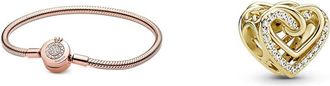 Pandora Pandora Funkelndes Crown O Schlangen-Gliederarmband in Roségold & Funkelnde Verschlungene Herzen Charm aus 14 Karat Vergoldeter Metalllegierung mit Cu