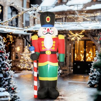 OUTSUNNY Aufblasbarer Weihnachts-Nussknacker-Soldat 245 CM mit LED-Lichtern und Zepter, wasserfestes Polyestergewebe, aufblasbare, leuchtende Weihnachtsdekorat