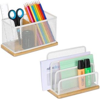 Relaxdays Schreibtisch Organizer Set 2-TLG., Metall, Briefst&auml;nder & Stiftehalter, B&uuml;ro-Organizer, Bambus, wei&szlig;/Natur