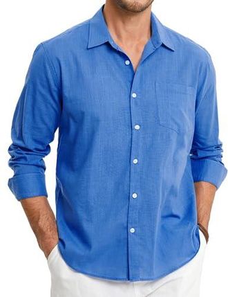 Hisdern Chemises en Lin pour Homme Bleu Manches Longues Décontractée Boutonnées Légères Été Chemise Coupe Régulière de Plage Casual Shirts XXL