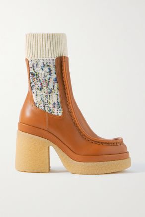Chlo&eacute; Bottines Chelsea Plates-formes En Mailles C&ocirc;tel&eacute;es Et En Cuir Jamie - Marron