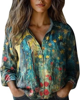 Generic Haut de Noël pour femme - Pull de Noël amusant surdimensionné à boutons - Haut à manches longues - Col en V - Arbre de Noël - Imprimé flocon de neige 