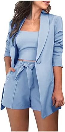 Generic Vestes pour femmes 2026 Ensemble de trois pi&egrave;ces &agrave; manches longues temp&eacute;rament slim top costume veste short poche col revers, bleu, XXL