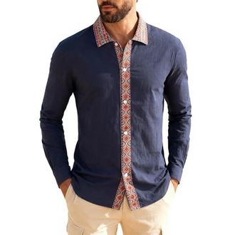 Generic Chemise &agrave; manches longues pour homme - Contraste ext&eacute;rieur - Style d&eacute;contract&eacute; - Boutons - Couleur contrast&eacute;e - Patchwork - Pour f&ecirc;te, affaires, col r