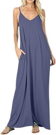 Generic Robe longue d&eacute;contract&eacute;e &agrave; bretelles et col en V sans manches avec poches fluides pour femme - Robe d&eacute;t&eacute; boh&egrave;me pour la plage, les vacances, les vacan