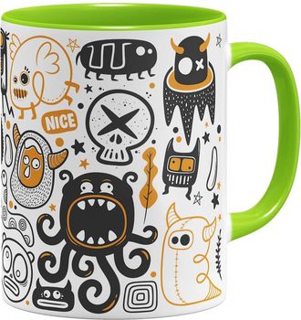 OM3 silly Monster Kaffeetasse lustige Kaffee-Tasse mit Monstermotiv Doodle | Keramik Becher | 11oz 325ml | Rundumdruck | Hellgrün