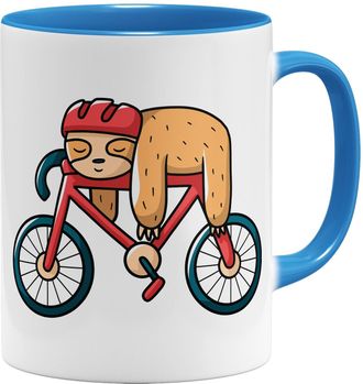 OM3 lustige Faultier Kaffee-Tasse Fahrrad - Witzige Geschenkidee für Radfahrer & Fahrradliebhaber - Keramik Becher - 325ml - Beidseitig Bedruckt - Hellbla