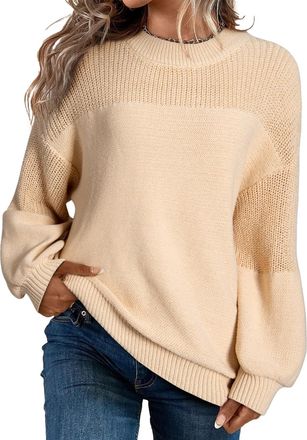 Dokotoo Damen Pullover Elegant Rundhals Puff&auml;rmel Strickpullover Einfarbig Lose Oberteile Herbst Winterpullover Pulli, Aprikose, S