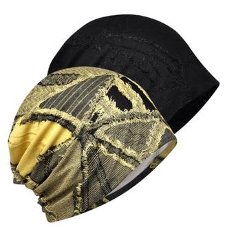 Garneck 2 pièces Bonnet Turban Coton Femme Été Élastique Respirant Multifonction pour Sport et Quotidien Noir Jaune