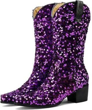 Generic Bottes de cowgirl occidentales &agrave; paillettes scintillantes &agrave; bout pointu et gros talons mi-mollet &agrave; enfiler pour f&ecirc;te de mariage, violet, 39.5 EU