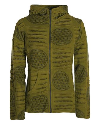 vishes Alternative Bekleidung - Damen-Jacke Blume des Lebens Sweatjacke Hippie-Jacke Kapuzen-Jacke olive 36-38