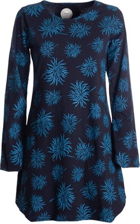 vishes Alternative Bekleidung - Langarm Damen Blumen-Tunika Shirt-Kleid Glocken&auml;rmel Baumwolle schwarz-t&uuml;rkis 36-38