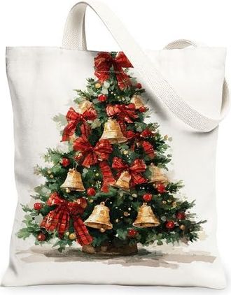 Generic Sacs fourre-tout festifs en toile, motif sapin de No&euml;l vintage, sacs de courses r&eacute;utilisables, toile l&eacute;g&egrave;re et lavable pour les vacances, blanc, 13x15
