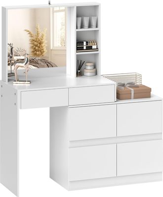 HOMCOM Schminktisch Kosmetiktisch mit Spiegel, Push-to-Open-Mechanismen, Vielseitige Montagemöglichkeiten, Frisiertisch mit 4 Schubladen, 3 offene Ablagen un