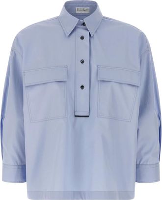 Brunello Cucinelli Femme, Blouses et Chemises, Bleu, Taille: 38 FR Chemise en popeline de coton
