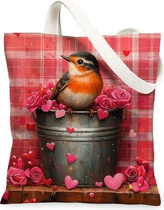 Generic Sac fourre-tout en toile r&eacute;utilisable pour le shopping 33 x 38 cm, motif coeur &agrave; carreaux pour la Saint-Valentin, d&eacute;coration cadeau