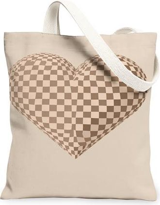 Generic Sacs fourre-tout en toile motif coeur, sacs d&eacute;picerie r&eacute;utilisables, l&eacute;gers et lavables avec bandouli&egrave;re, beige, 13x15 Inch