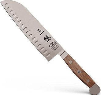 Gude Solingen - Santoku Messer mit Kulle geschmiedet, 18 cm, Fasseichenholz, ALPHA FASSEICHE, Doppelkropf, Handmade Germany, Eichenholz