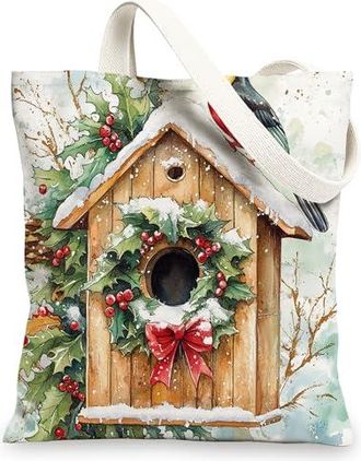 Generic Sac fourre-tout en toile motif toucan de No&euml;l pour faire du shopping, 33 x 38,1 cm, cabane &agrave; oiseaux aquarelle amusant, sac d&eacute;picerie r&eacute;utilisable pou