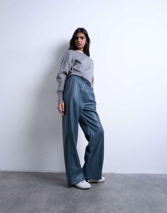 Topshop Pantalon de jogging ample nervuré en similicuir - Bleu-Vert