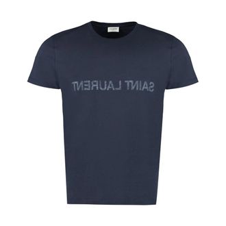Saint Laurent Baumwoll-Jersey-T-Shirt mit gepr&auml;gtem Logo - - Tops - Herren - Blau - M