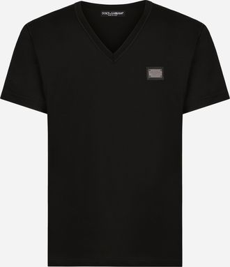 Dolce & Gabbana Baumwoll-t-shirt V-ausschnitt Mit Logoplakette - Mann T-shirts Und Polos Schwarz Baumwolle 46