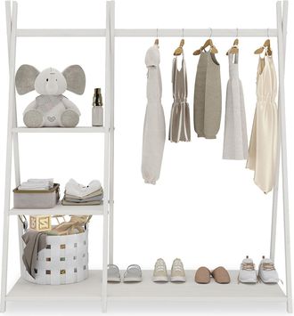 IDIMEX Kindergarderobe LOTTE mit 1 Kleiderstange & 4 Ablageböden in weiß lackiert. Montessori Design, freistehender Kleiderständer für Kinderzimmer aus Massi