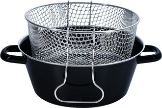 Riess 0052-022, Pommes-frites Pfanne mit Einsatz 24, CLASSIC - SCHWARZEMAILLE, Durchmesser 24 cm, Höhe 10,5 cm (ohne Einsatz 9,7 cm), Emaille, schwarz, Indu