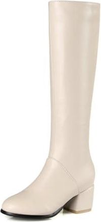 Generic Bottes hautes confortables &agrave; bout rond et talon bloc avec fermeture &eacute;clair lat&eacute;rale pour femme, beige, 37.5 EU