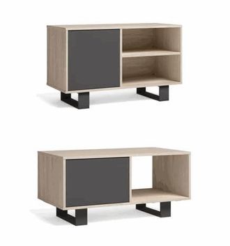 Skraut Home | Windmöbel-Set | Wohnzimmer-/Esszimmermöbel | bestehend aus 1 TV100 und 1 Couchtisch | Eiche/Grau | Schwarze Beine