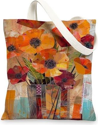 Generic Sacs fourre-tout en toile à motif floral artistique, sacs dépicerie réutilisables, légers et lavables avec bandoulière, Orange, 13x15 Inch