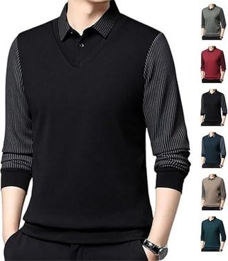 Generic Faux 2 pi&egrave;ces &agrave; revers &agrave; manches longues pour homme, fausse chemise tricot&eacute;e 2 pi&egrave;ces pour le travail, le travail, les loisirs, les pulls d&eacute;contract&eacute;s