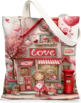 Generic Sacs fourre-tout en toile &agrave; motif de coeurs pour la Saint-Valentin, sacs d&eacute;picerie r&eacute;utilisables, l&eacute;gers et lavables, bandouli&egrave;re C, p&ecirc;che, 13x15 Inch