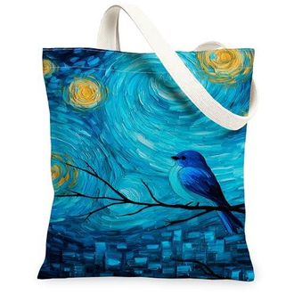 Generic Sacs fourre-tout artistiques en toile motif oiseau bleu, sac dépicerie réutilisable, léger et lavable, bleu, 13x15 Inch