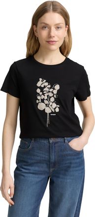 Tom Tailor Damen 1048307 T-Shirt mit Print, 14482-Deep Black, XS