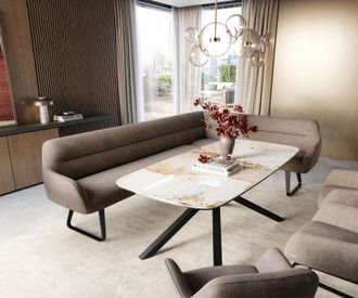 DELIFE Esszimmerbank Taya-Flex 285x190 cm Strukturstoff Soft Taupe Kufengestell flach Schwarz Taschenfederkern Links, B&auml;nke